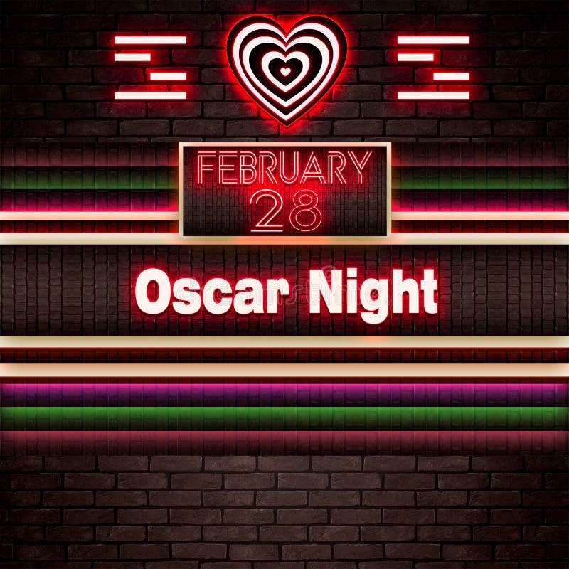 28 February, Oscar Night, Neon Text Effect on Bricks Background Stock ...