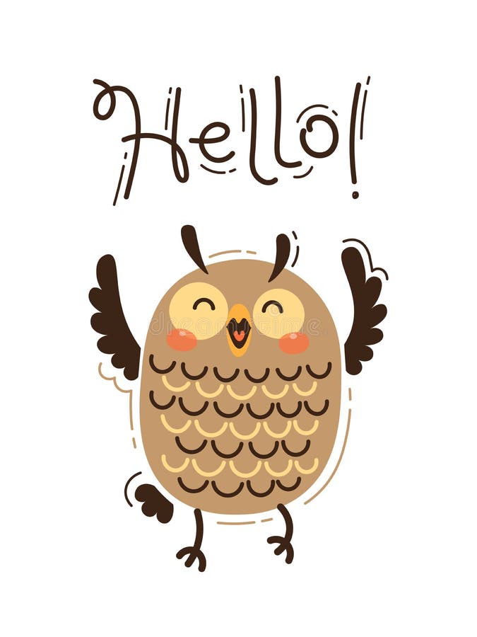 A Happy Owl Greets You Hello. Vector Illustration in Cartoon Style ...