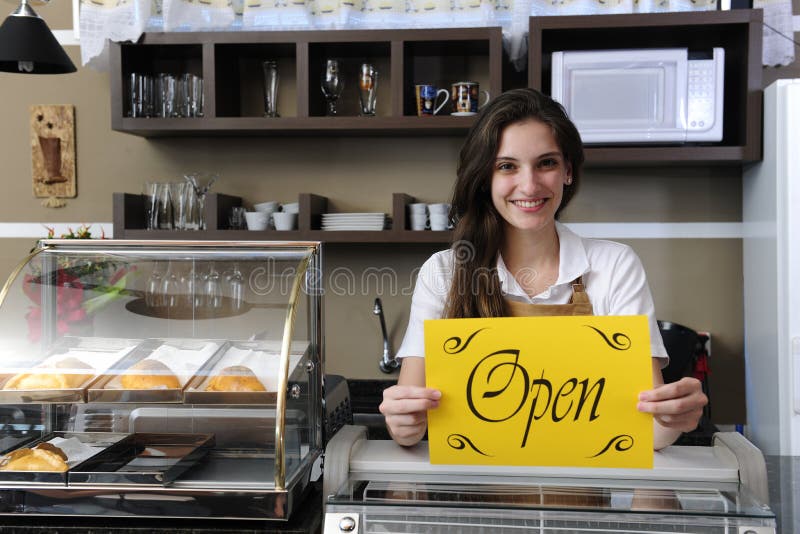 Happy Owner of a Cafe Showing Open Sign Stock Image - Image of proud ...