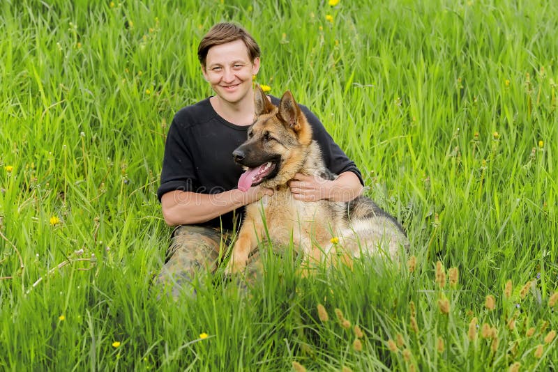 Happy Owner Hugs His Dog. German Shepherd Training Stock Image - Image ...