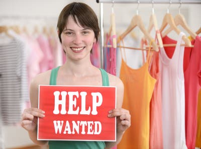 Happy Owner of Store with Help Wanted Sign Stock Image - Image of ...