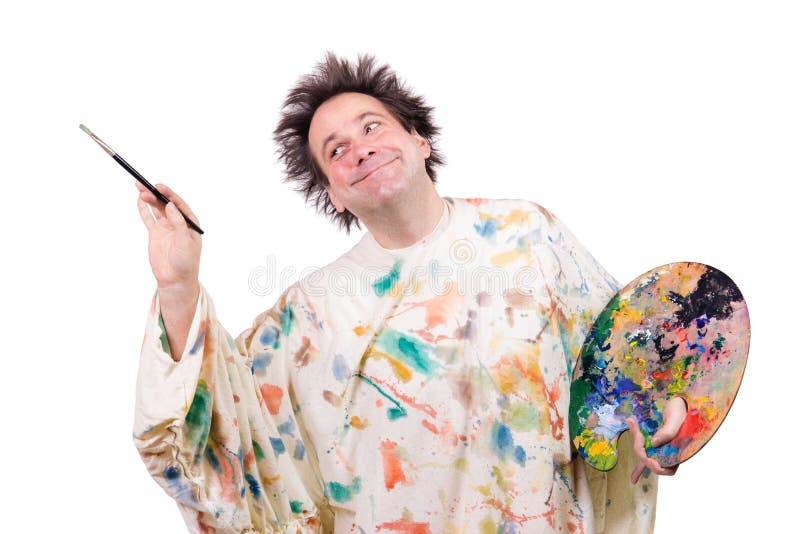 Happy Painter Sits on a Chair Near an Easel with a Canvas in His Own ...