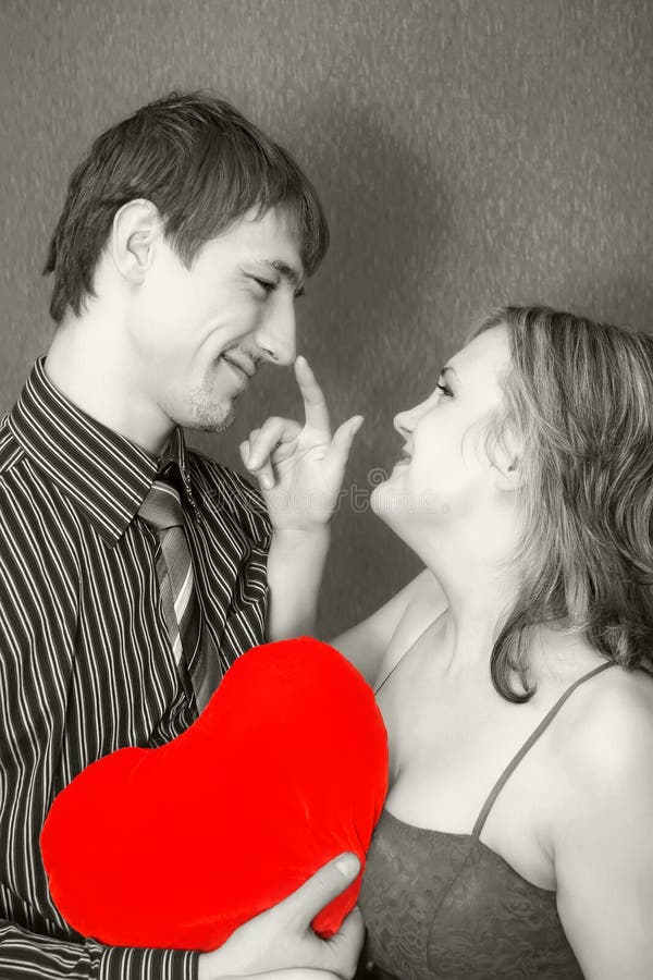 Happy Pair with a Heart Shape Pillow Stock Image - Image of couple ...