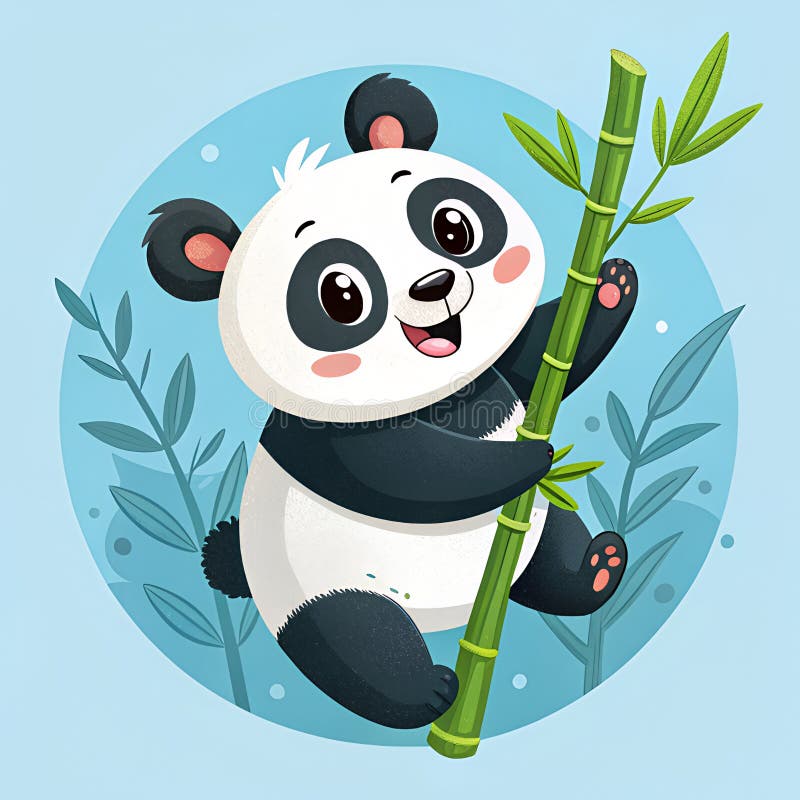 Happy Panda Cub Climbing Bamboo in Circular Frame Illustration Stock ...