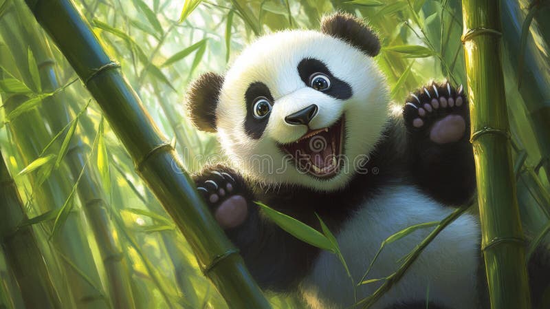 Happy Panda Cub Playing in Lush Bamboo Forest Stock Illustration ...