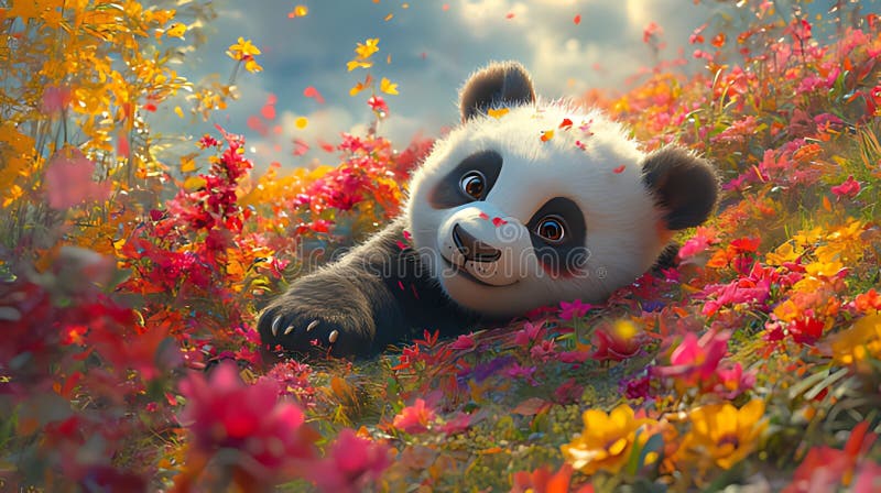 Happy Panda Cub Resting in Vibrant Wildflowers Stock Illustration ...