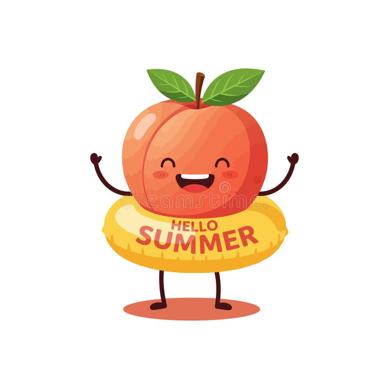 Happy Peach Character with Yellow Summer Float Ring Illustration Vector ...