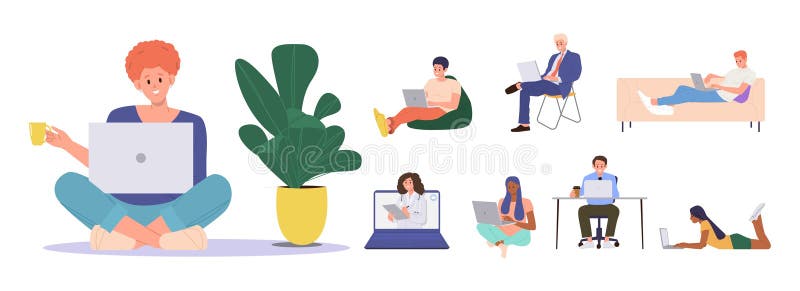 Happy People Cartoon Characters Working Online Using Laptop Computer ...