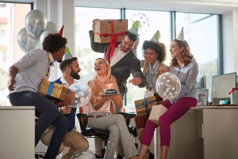 Happy People Celebrating Birthday Together at Work Stock Image - Image ...