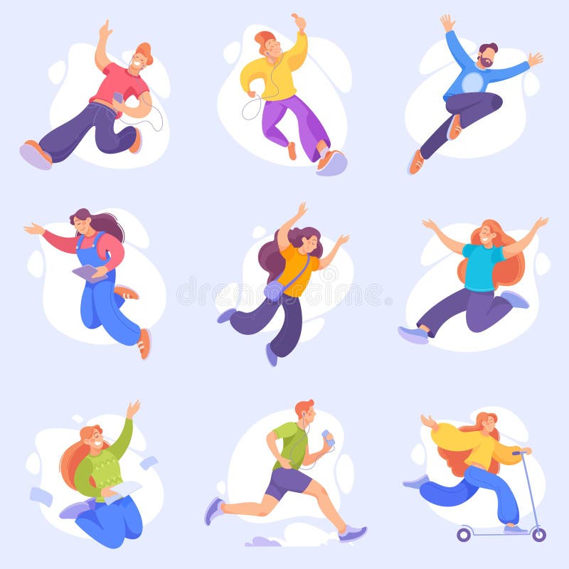 Happy People Characters Engaged in Active Motion Vector Illustration ...