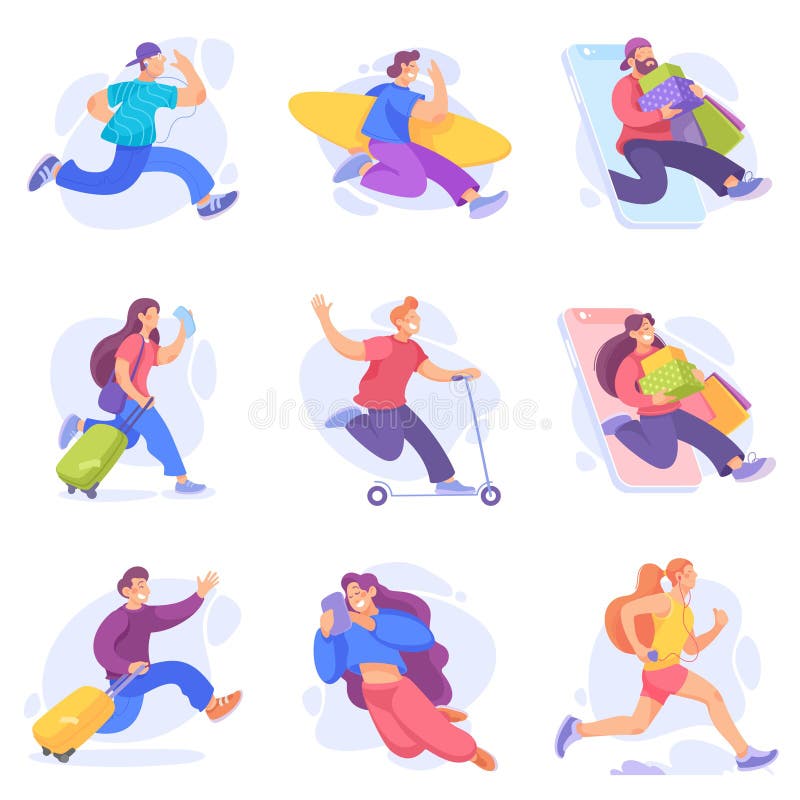 Happy People Characters Engaged in Active Motion Vector Illustration ...