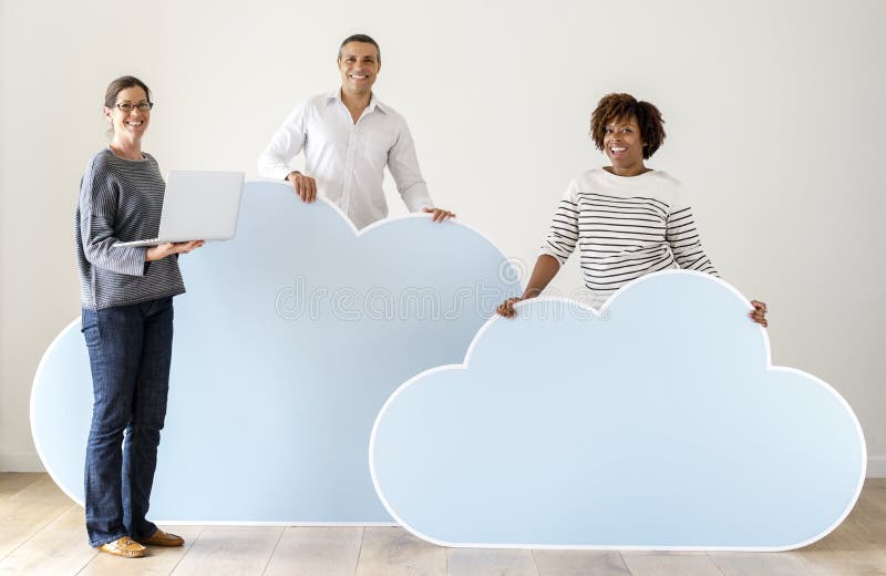 Happy People with Cloud and Technology Icons Stock Image - Image of ...