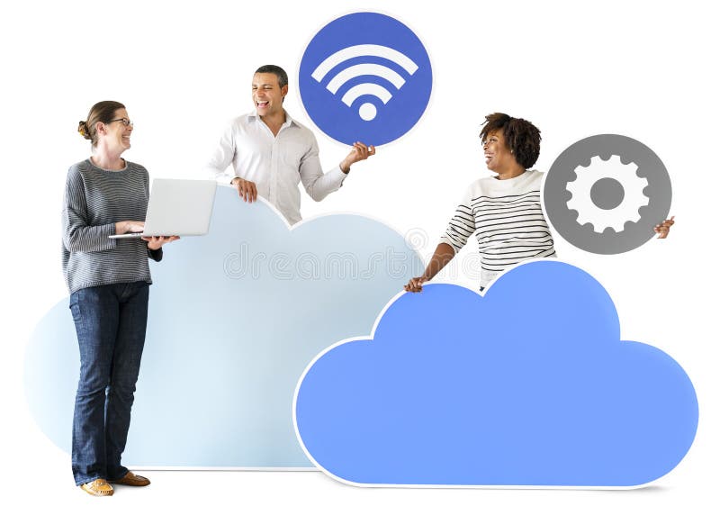 Happy People with Cloud and Technology Icons Stock Photo - Image of ...