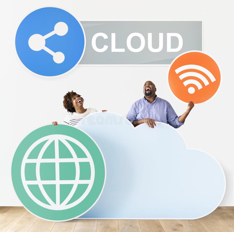 Happy People with Cloud and Technology Icons Stock Illustration ...