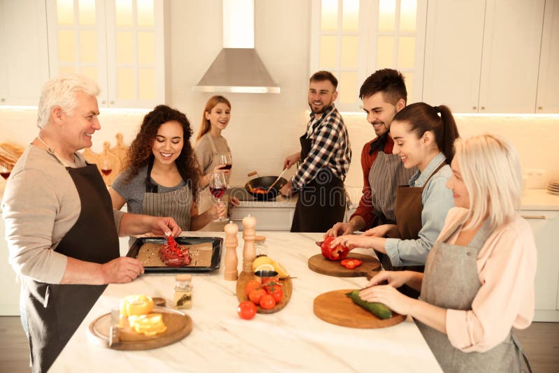Happy People Cooking Food in Kitchen Stock Image - Image of home ...