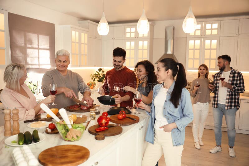 Happy People Cooking Food in Kitchen Stock Image - Image of home ...