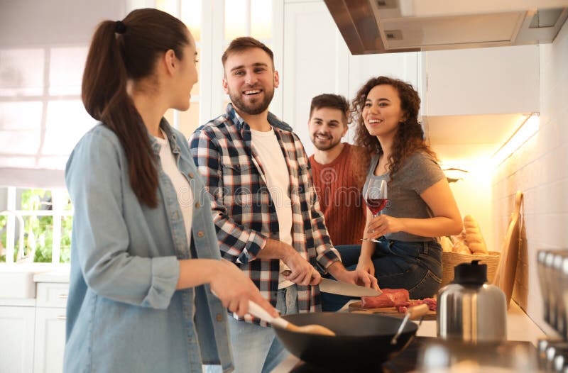 Happy People Cooking Food in Kitchen Stock Image - Image of adult ...