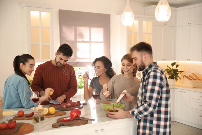 Happy People Cooking Food in Kitchen Stock Image - Image of culinary ...
