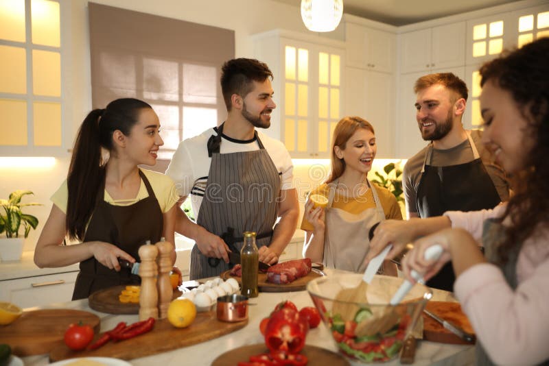 Happy People Cooking Food in Kitchen Stock Image - Image of cooking ...