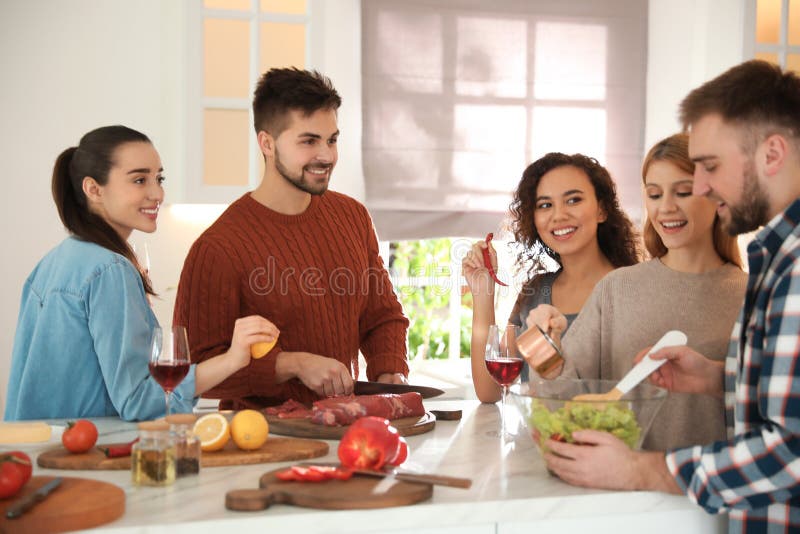 Happy People Cooking Food in Kitchen Stock Image - Image of group, diet ...