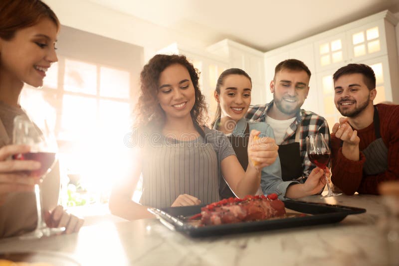 Happy People Cooking Food In Kitchen Stock Photo - Image of diverse ...