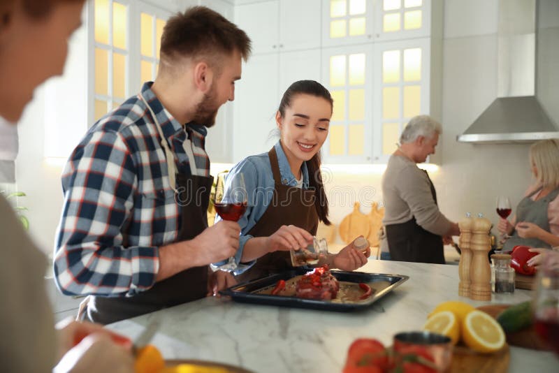 Happy People Cooking Food in Kitchen Stock Image - Image of indoors ...