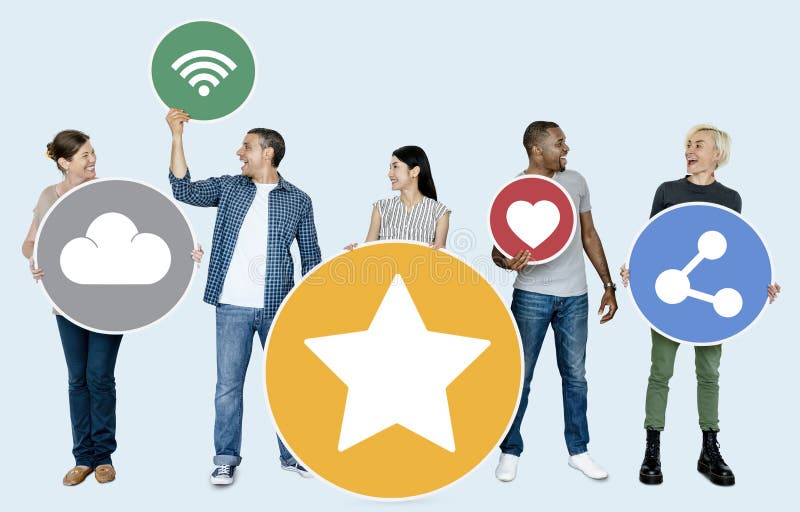 Happy People Holding Internet Icons Stock Photo - Image of blue, icon ...