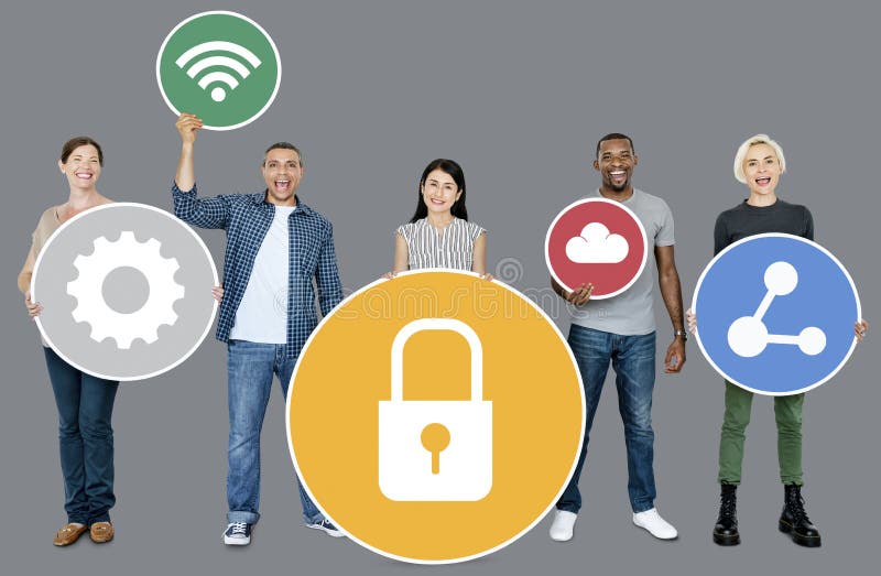 Happy People Holding Internet Icons Stock Image - Image of blue ...