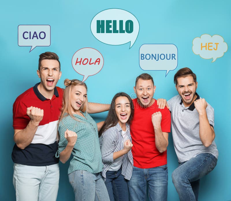 Happy People and Illustration of Speech Bubbles with Word Hello Written ...