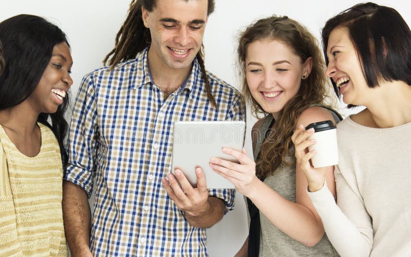 Happy People Looking at Tablet Stock Image - Image of female, hair ...