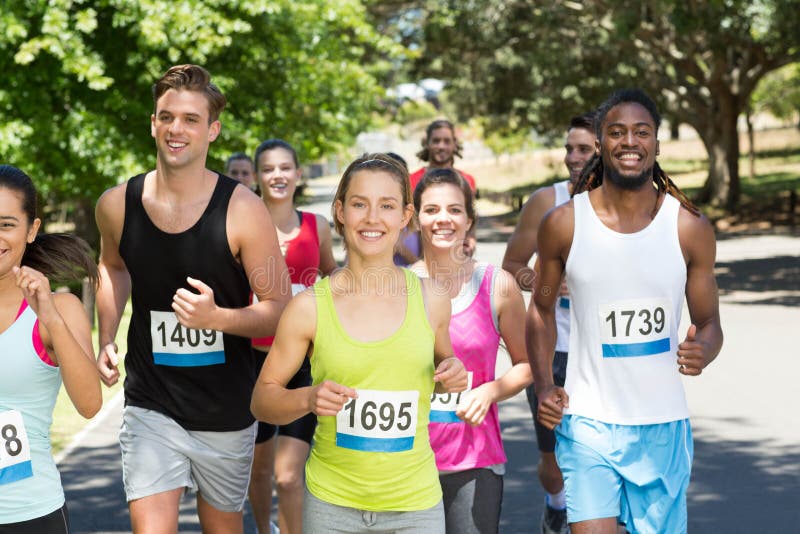 Happy People Running Race In Park Stock Photo - Image: 49888943
