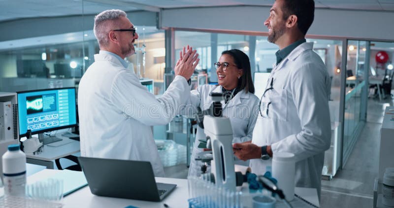 Happy People, Scientist and Night with High Five for Discovery ...