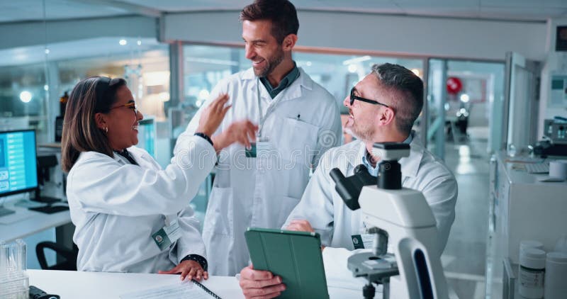 Happy People, Scientist or Success with High Five for Breakthrough ...