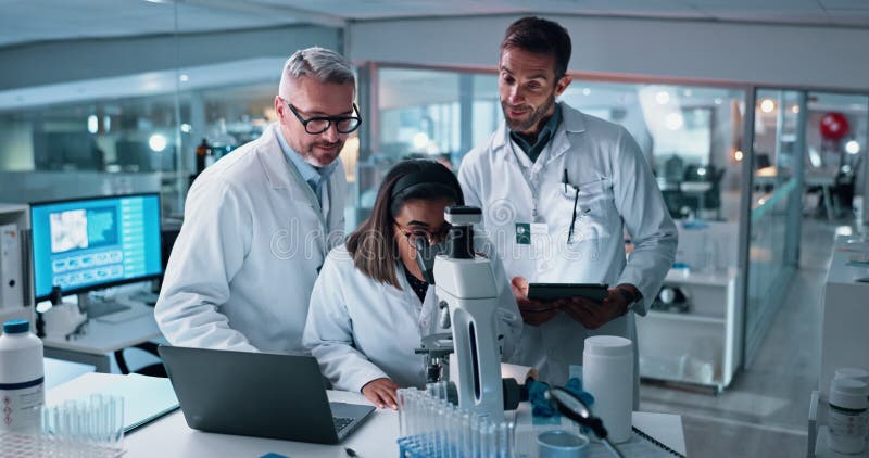 Happy People, Scientist and Success with Microscope for Discovery ...