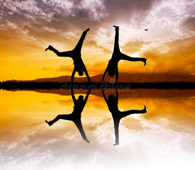 Happy people at sunset stock illustration. Illustration of river - 67017972