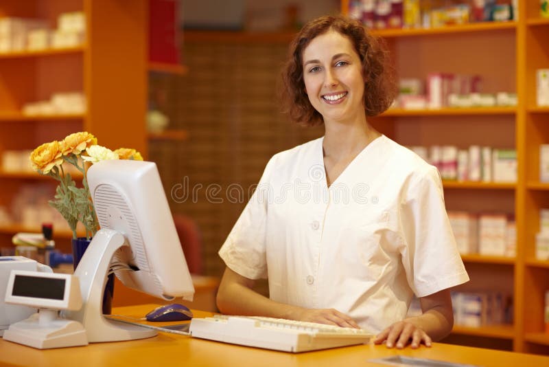 Happy pharmacist stock photo. Image of online, desk, pharmacist - 12113846