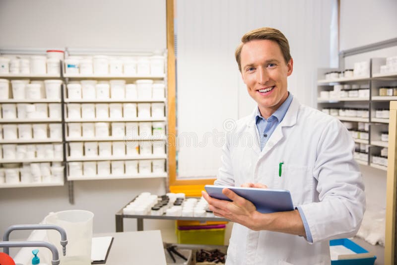 Happy Pharmacist Using Tablet Pc Stock Image - Image of storage ...