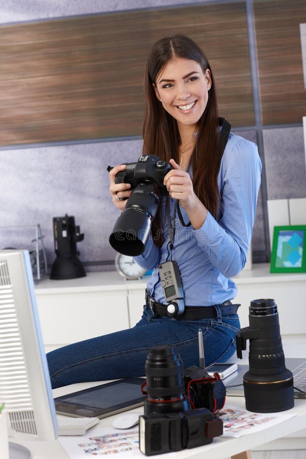 Photographer Girl Making Photos with Powerful Light Beam Stock Image ...