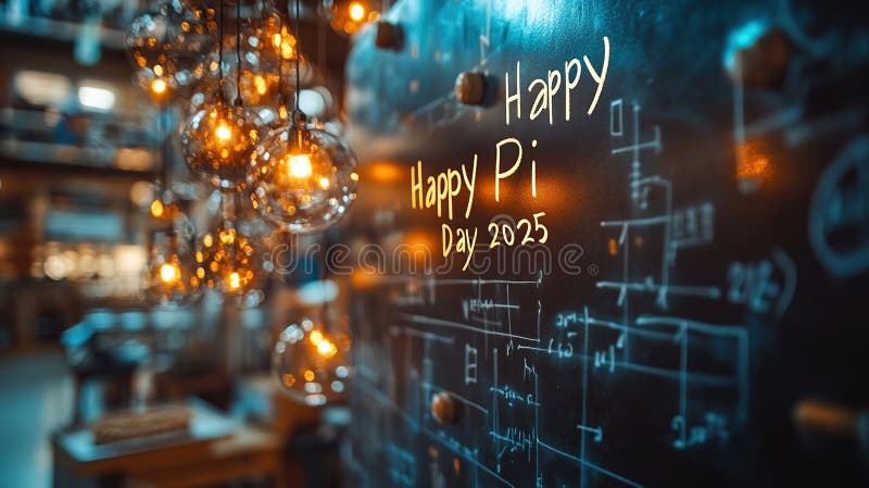 Happy Pi Day 2025 Message on a Chalkboard with Electrical Diagrams and ...