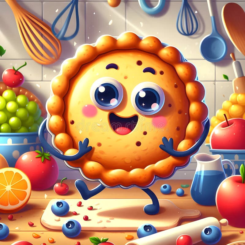 Happy Pie Dancing in Kitchen with Fruits and Kitchenware Stock ...