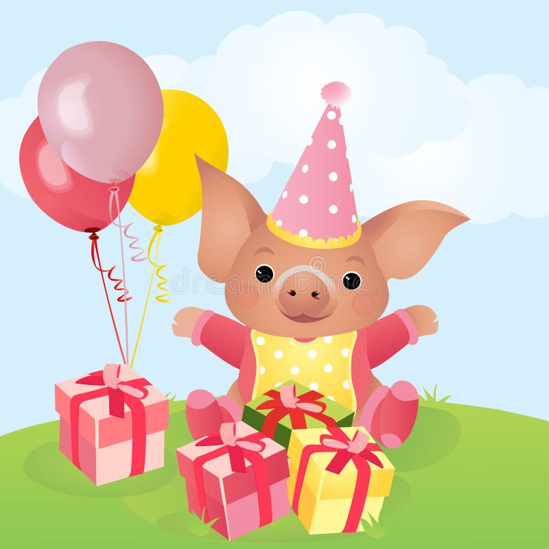 Happy Pig Celebrating His First Birthday. Vector Illustration. Stock ...