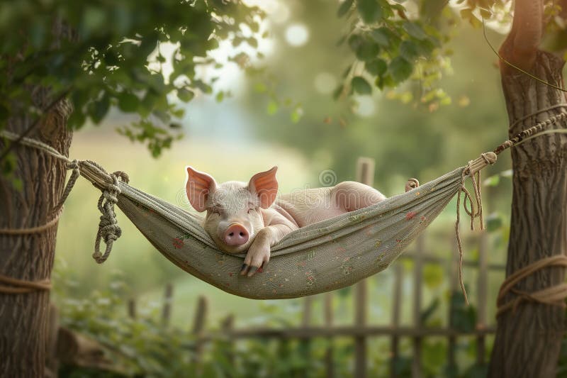 A Happy Pig Naps in a Hammock Under a Tree. Take a Rest Stock ...