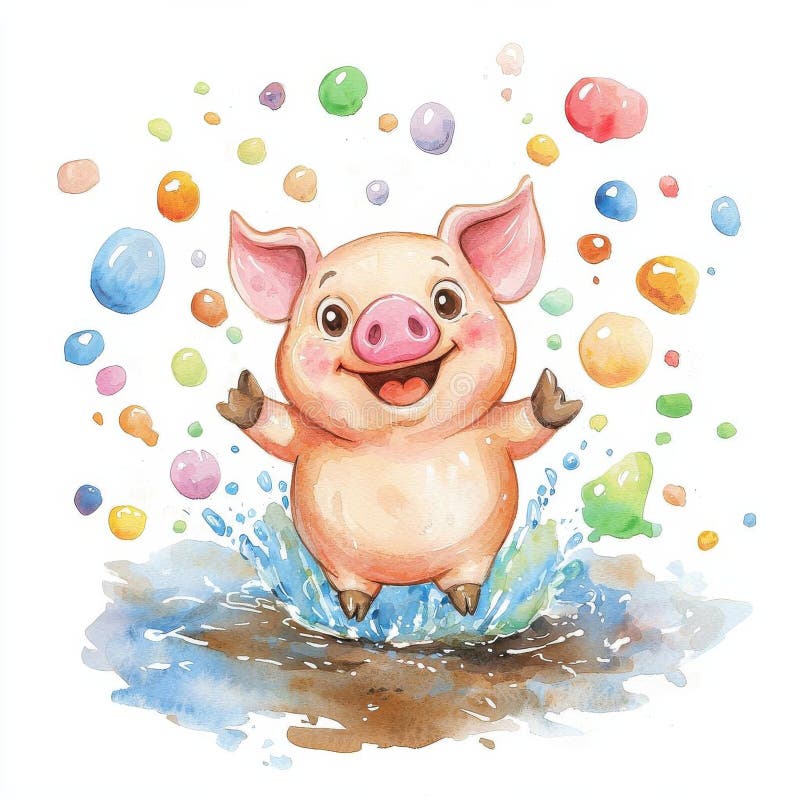 A Happy Pig Splashing in a Muddy Puddle with Droplets Flying Around ...