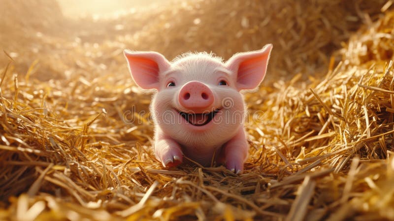 Happy Piglet in Haystack stock illustration. Illustration of haystack ...
