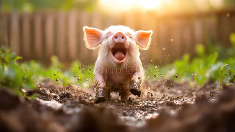 Happy Piglet Running Joyfully in Sunlit Mud. 2031 Year Pig According ...