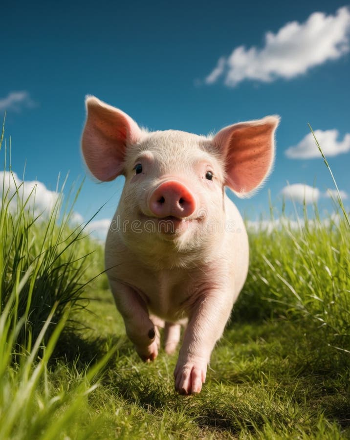 A Happy Piglet Runs through a Field of Grass on a Sunny Day. Stock ...