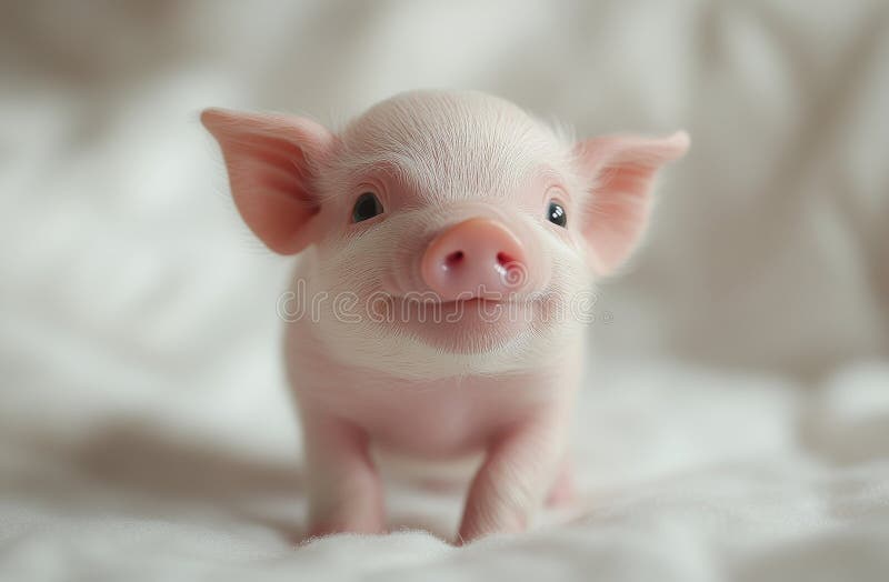 Happy Piglet Standing on Soft White Surface, Showcasing Curious ...