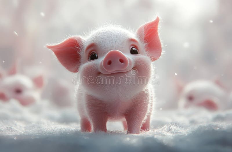 Happy Piglet Standing on Soft White Surface, Showcasing Curious ...