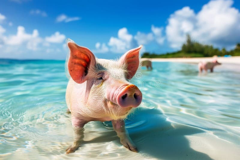 Happy Pigs Bathe in the Ocean in a Tropical Paradise Stock Illustration ...