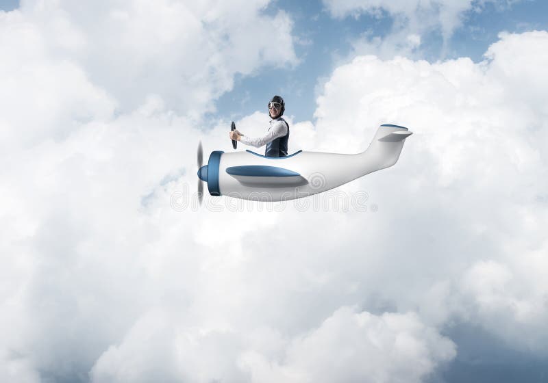 Happy Pilot Driving Small Propeller Plane Stock Photo - Image of helmet ...